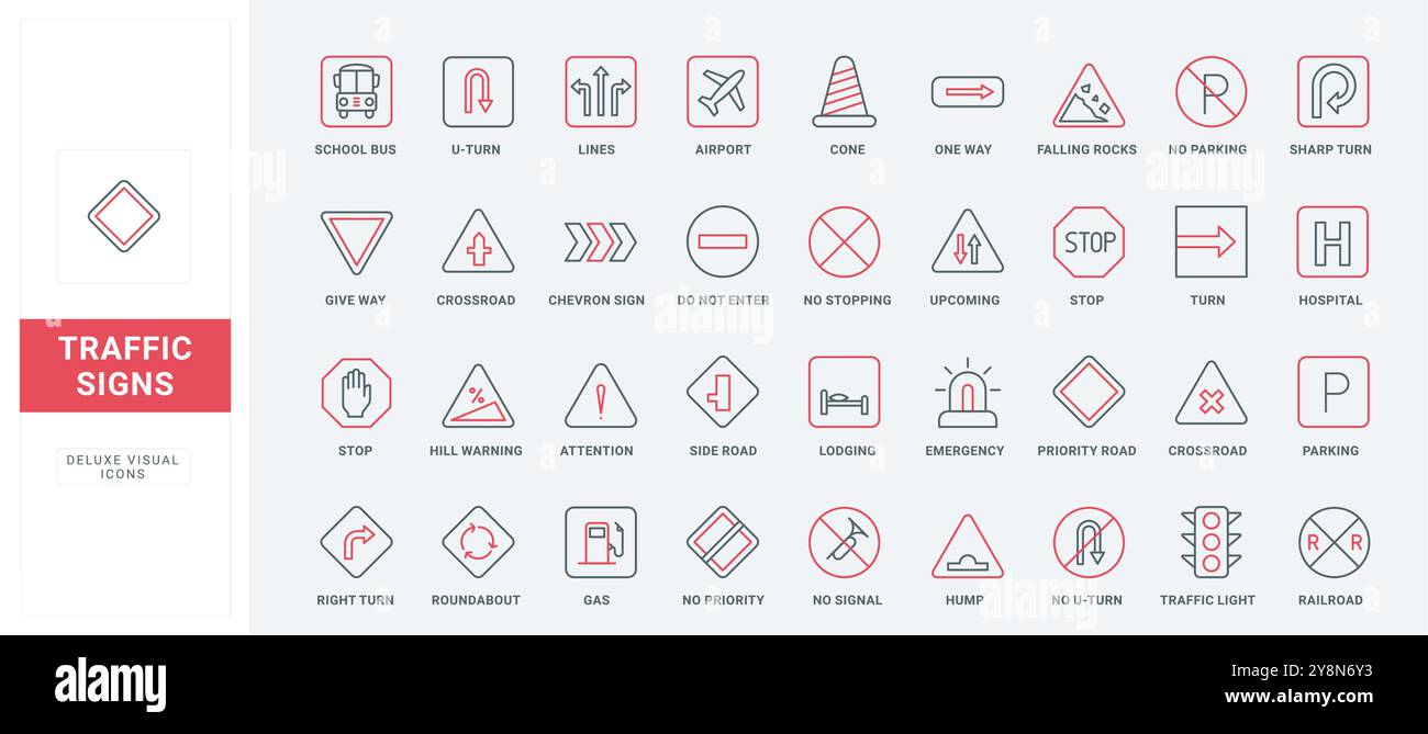 Traffic signs line icon set. Warning road signs for driver to stop ...