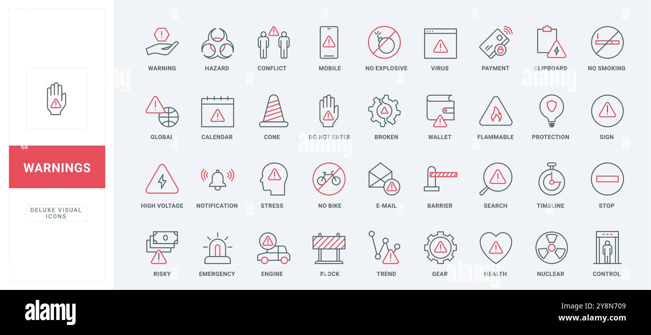 Warning messages about important error, accident and problem line icon set. Exclamation alert ...