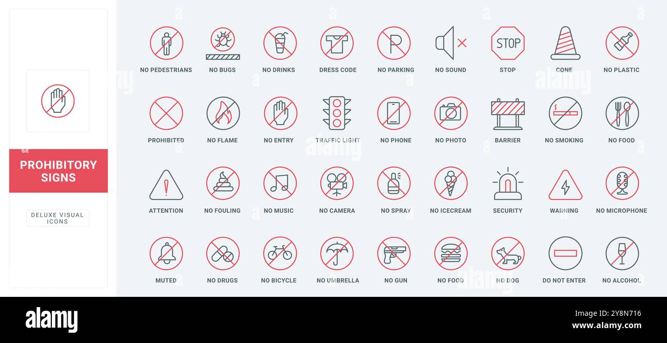 Warning line icon set forbidding to do different actions. Ban on ...