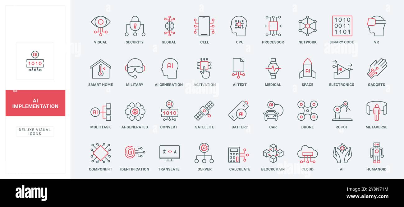Implementation of AI services, activation and identification line icon ...
