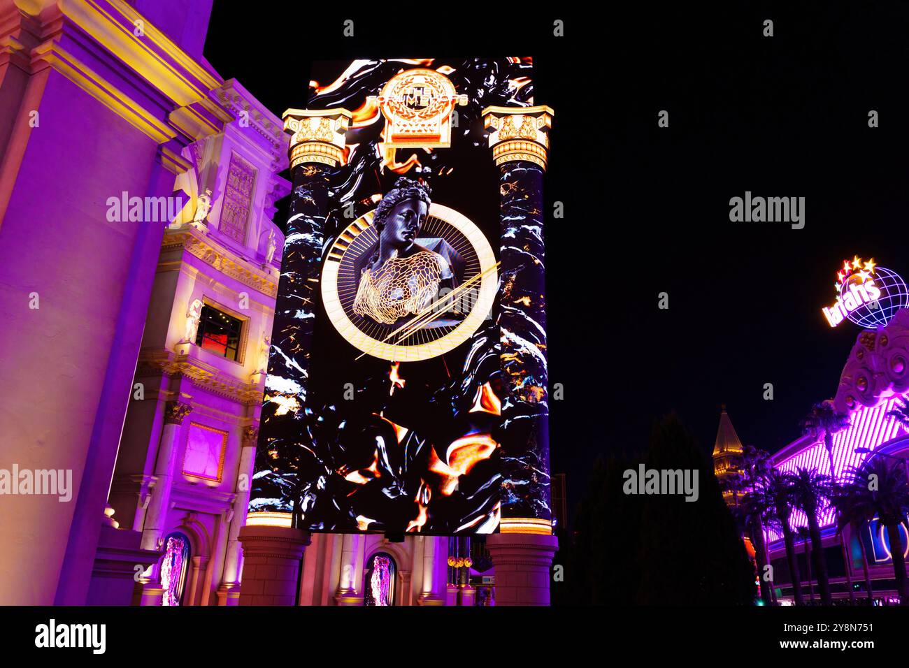 Las Vegas, Nevada - April 13, 2024: Giant illuminated digital billboard showcasing vibrant ...