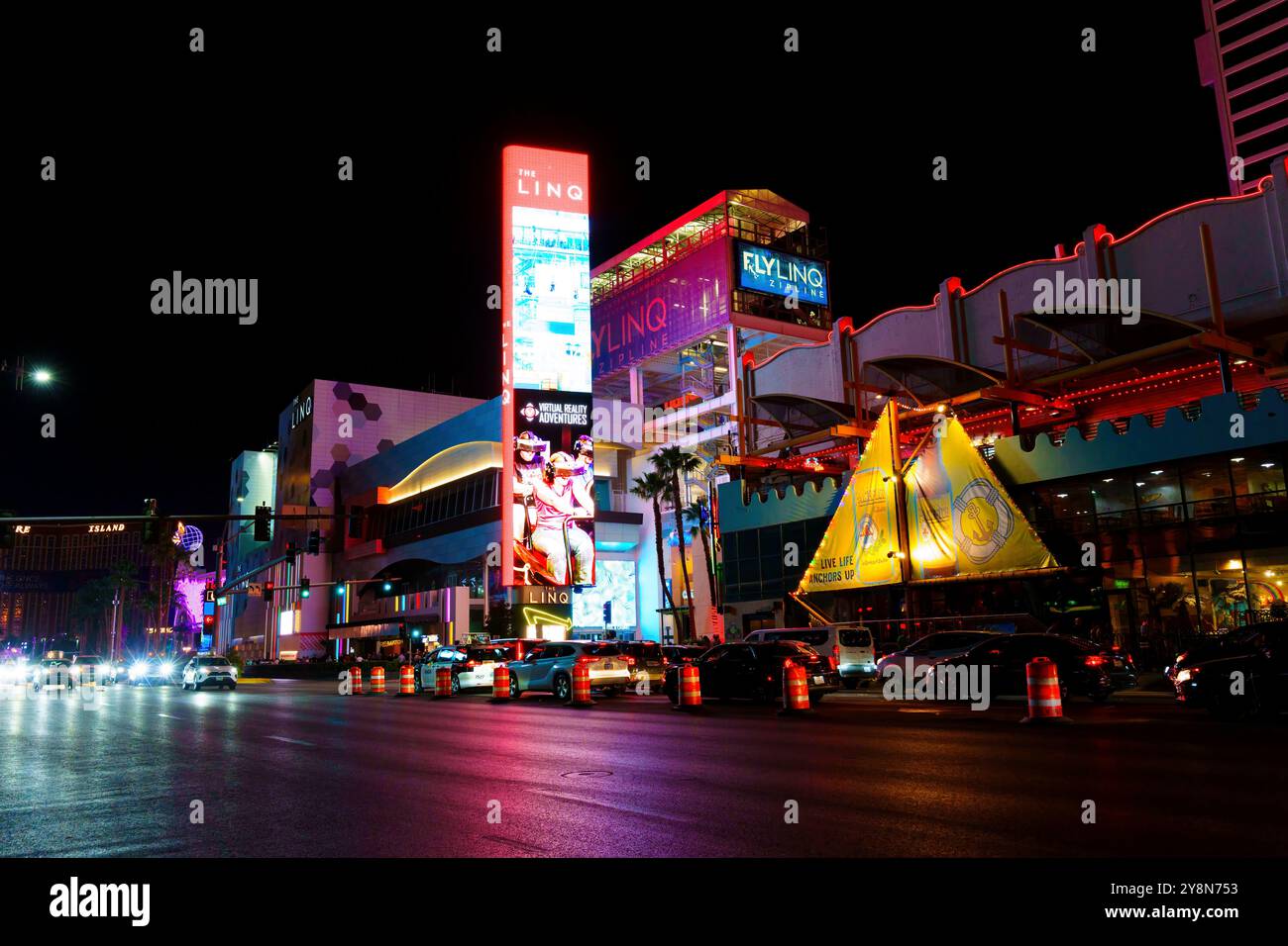 Las Vegas, Nevada - April 13, 2024: Vibrant lights and digital signage illuminate The LINQ ...