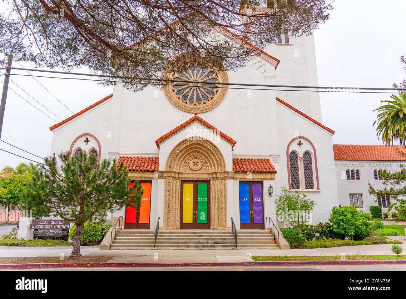 Santa Barbara, California - April 20, 2024: Main entrance of First United Methodist Church in ...