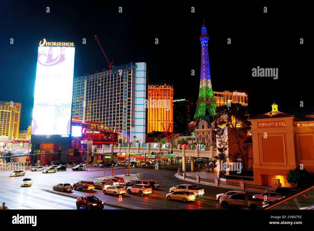 Las Vegas, Nevada - April 13, 2024: Vibrant night scene of Las Vegas Strip featuring Horseshoe ...