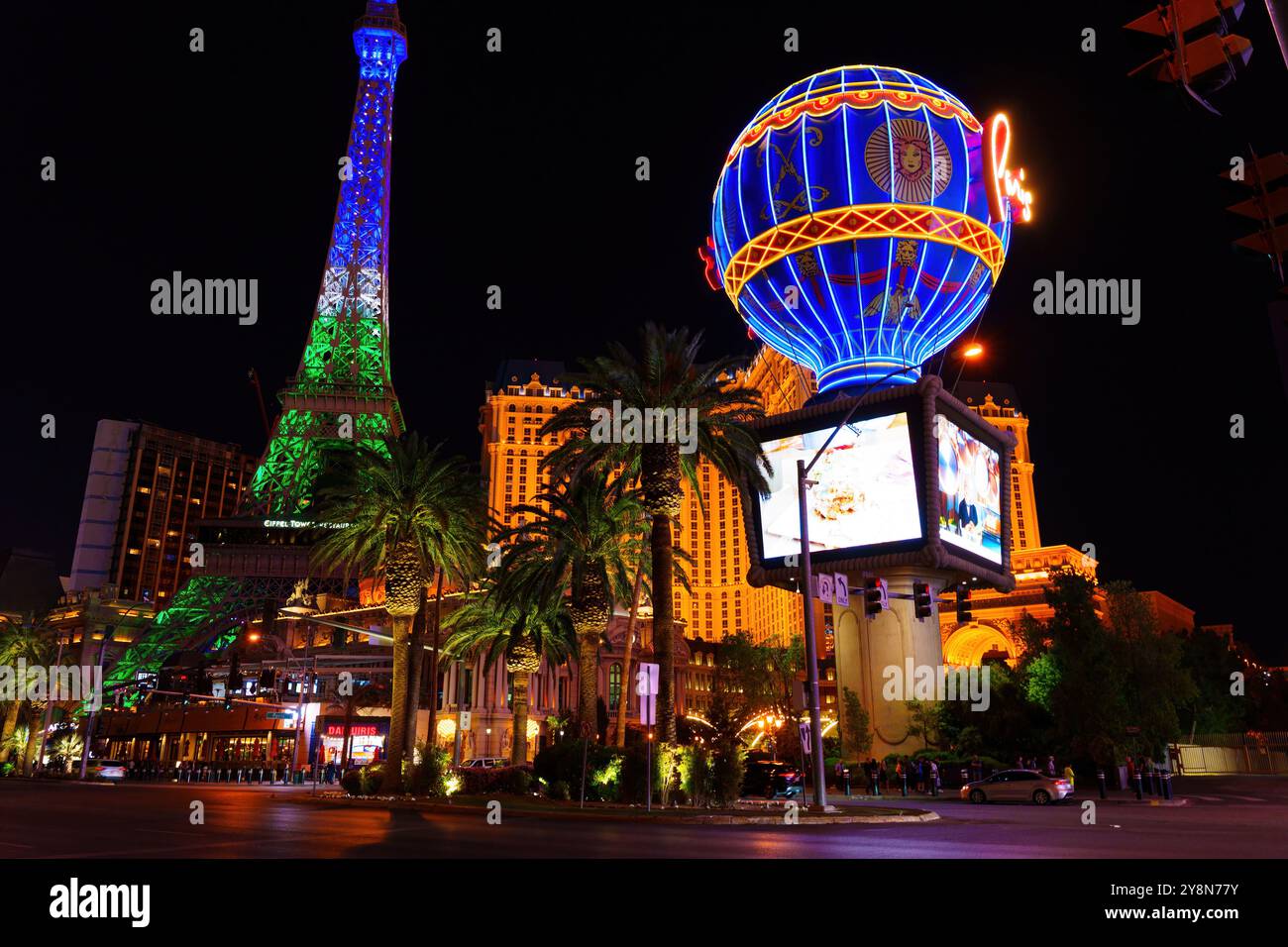 Las Vegas, Nevada - April 13, 2024: Iconic Eiffel Tower replica and illuminated Paris hotel ...