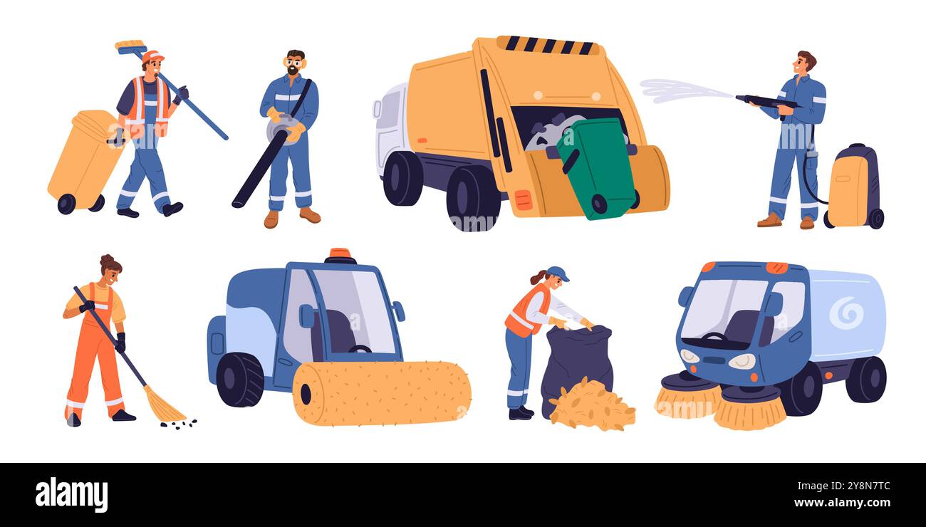 Street cleaning equipment and machines. Cartoon wipers with trash ...