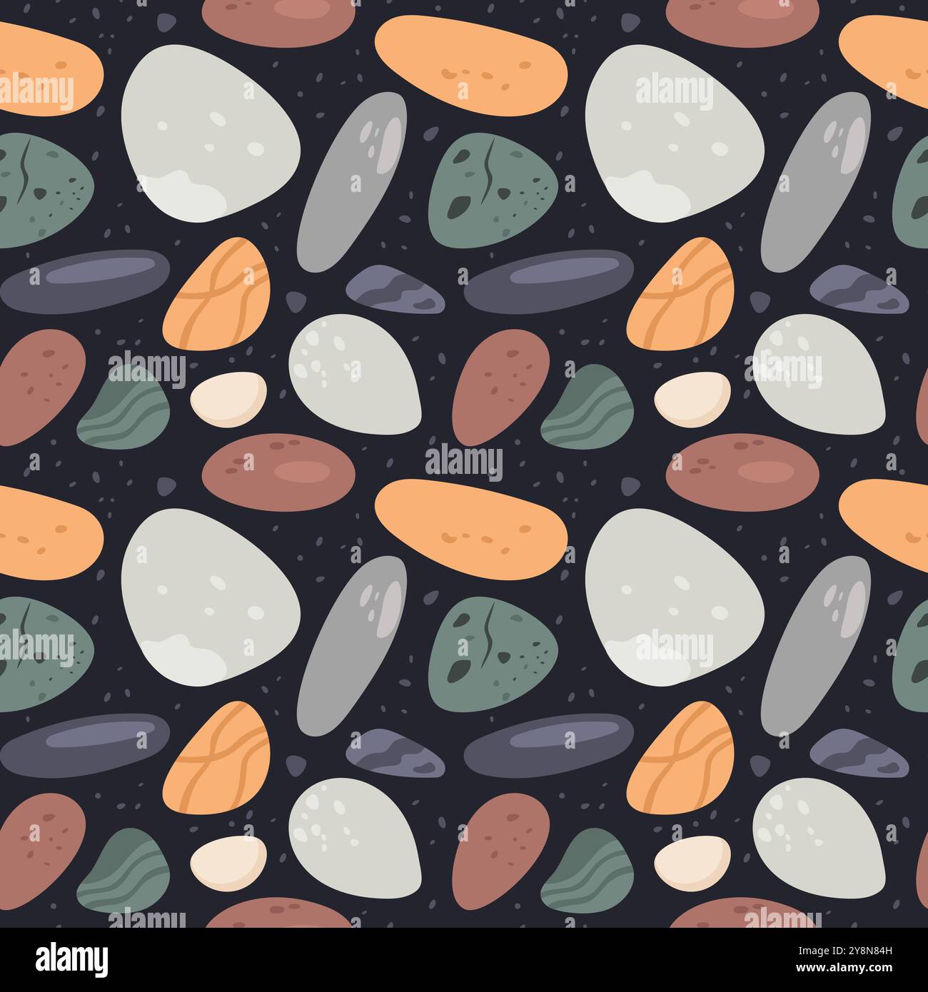 Pebble stones seamless pattern. Rounded smooth cobblestones with textures. Different flat shapes ...