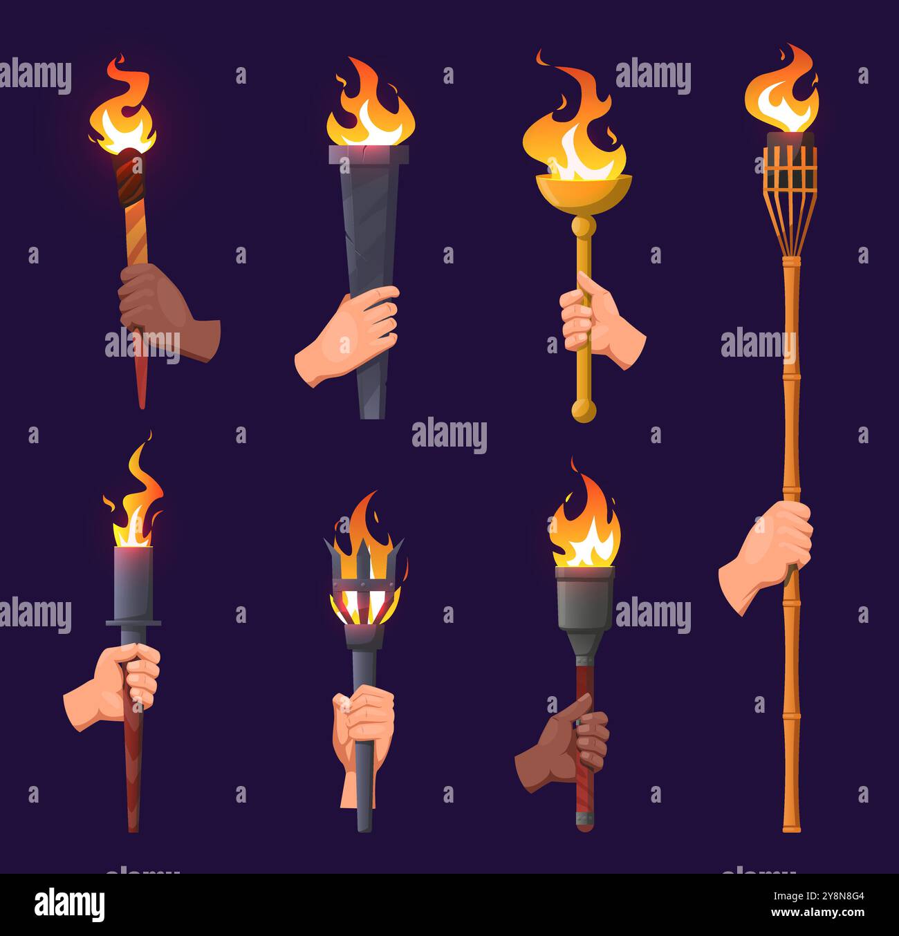 Human hands hold ancient burning torches. Medieval wooden lantern ...