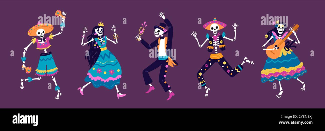 Dancing Mexican skeletons. Male and female deads in bright carnival ...