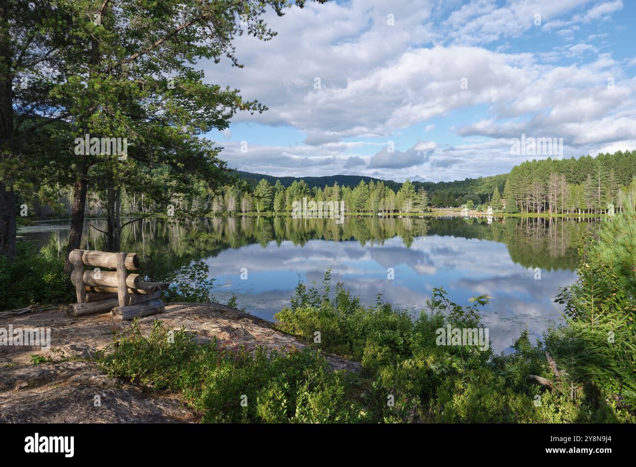 A log bench under a tree sits on a granite rock overlooking Lac Raynaud ...