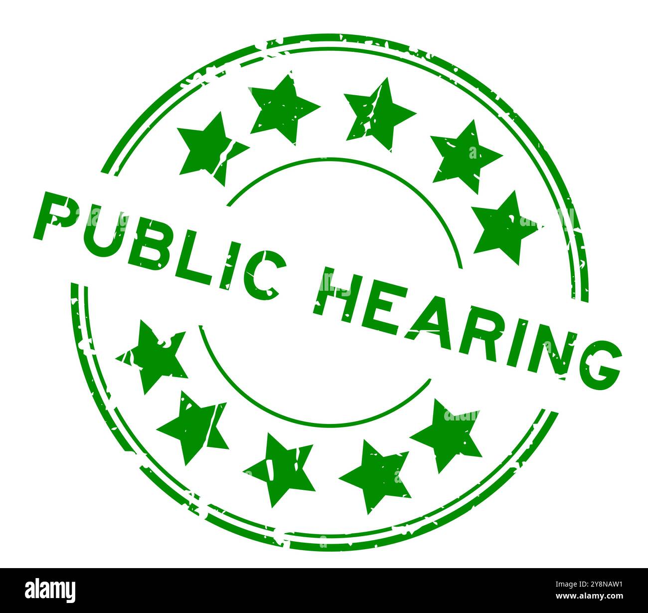 Grunge green public hearing word with star icon round rubber seal stamp ...