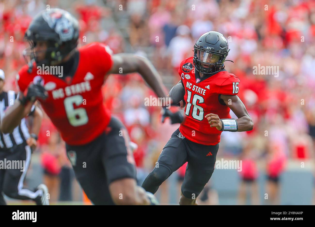 October 5, 2024: NC State freshman CJ Bailey (16) runs the ball. NCAA ...