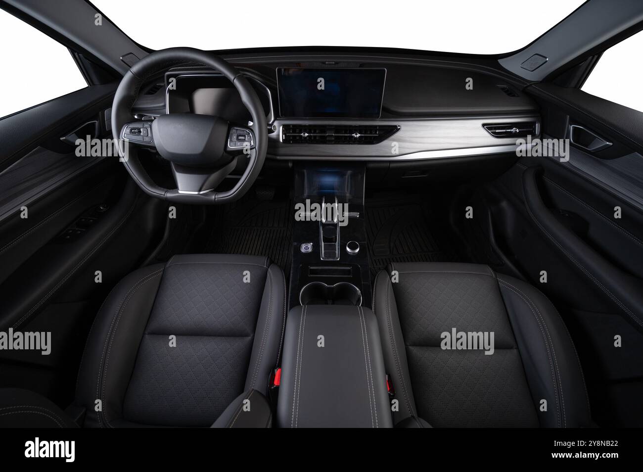 Clean digital car dashboard panel with leather seats and steering wheel ...