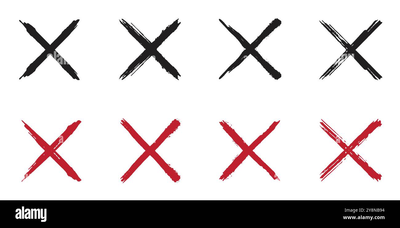 Set of hand drawn X marks in brush stroke. grunge red cross sign set ...