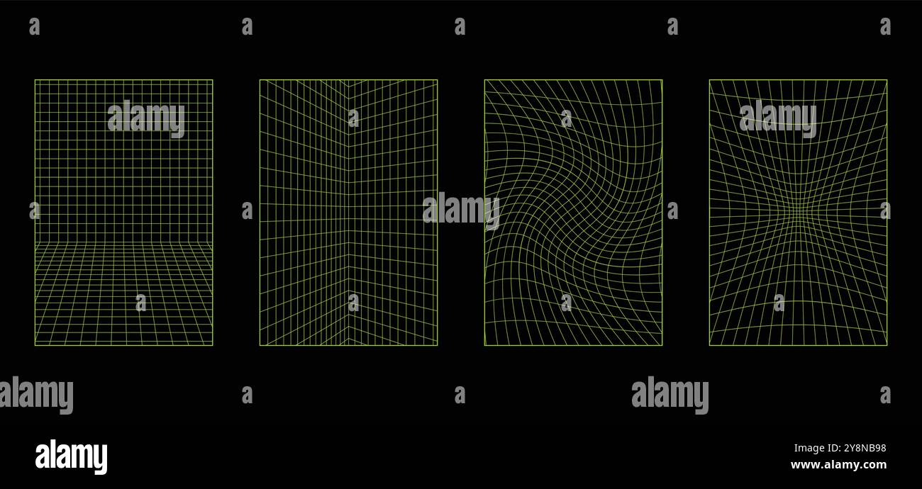 Green Neon Posters and Banners Set. Distorted Vertical Grid in 90s, 2000s Retro Vaporwave Style ...