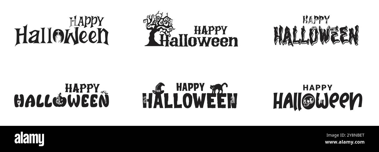 Halloween typography set with 'Happy Halloween' texts in black isolated ...