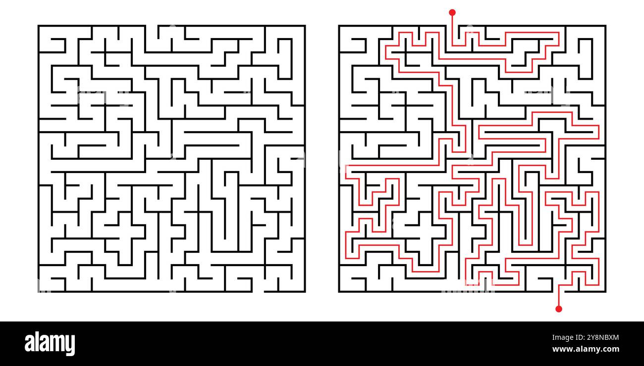 Square maze puzzle with solution. Simple logic game, maze challenge with entry and exit ...