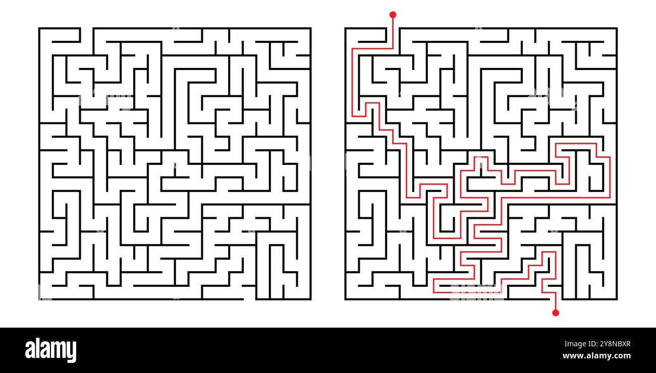 Square maze puzzle with solution. Simple logic game, maze challenge with entry and exit ...