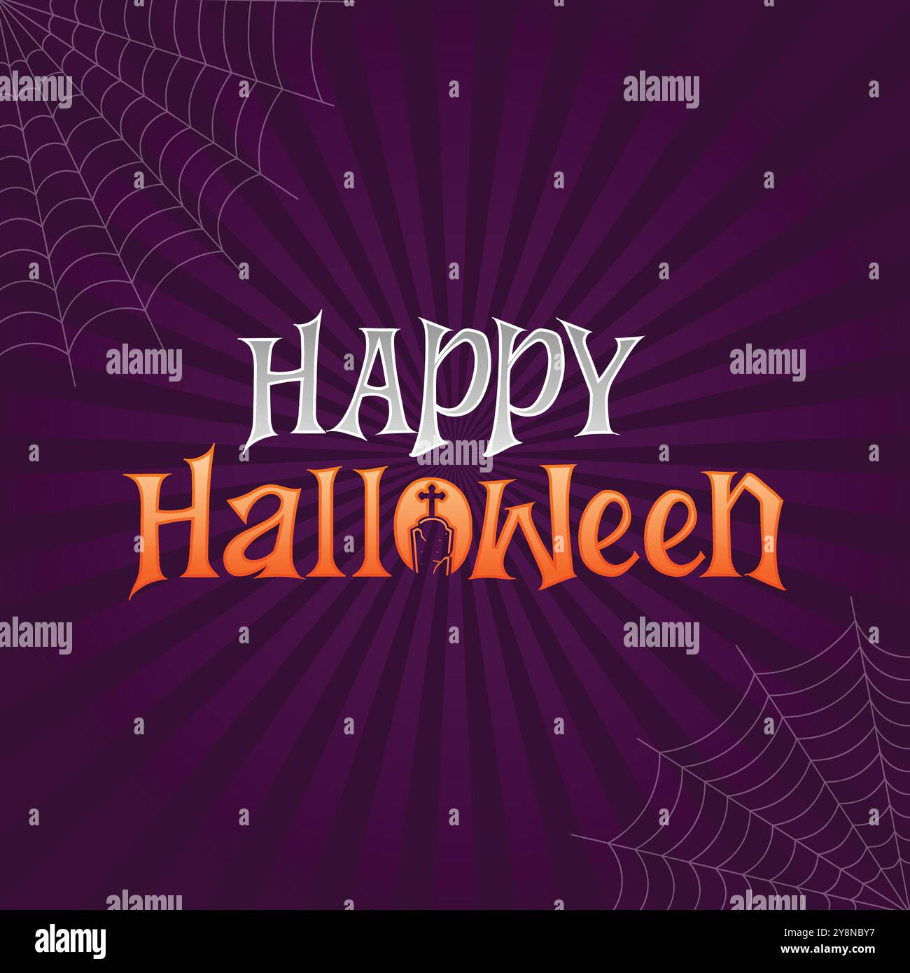 Happy Halloween Text Design, Tombstone, Cobweb, Sunburst, Square Banner ...