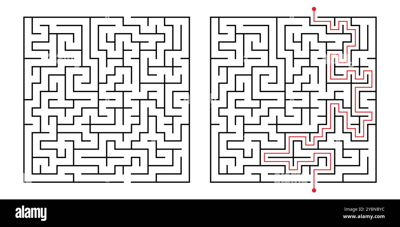 Unique labyrinth puzzle with a solvable path. Square-shaped maze with clear entry and exit ...