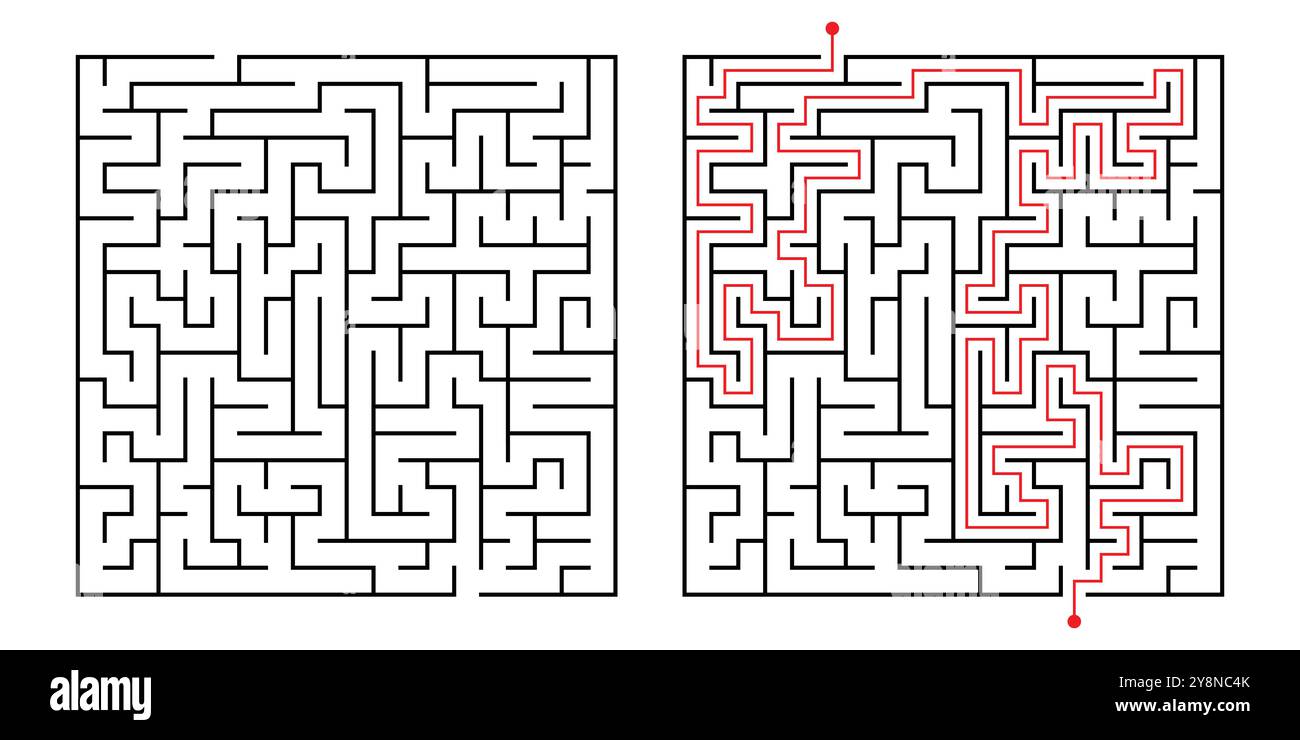 Intricate labyrinth puzzle with solution guide. A square maze game with entry and exit points ...