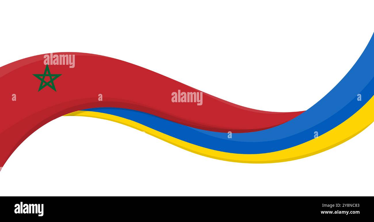 Wavy ribbon banner of Ukraine National flag with Morocco National Flag ...
