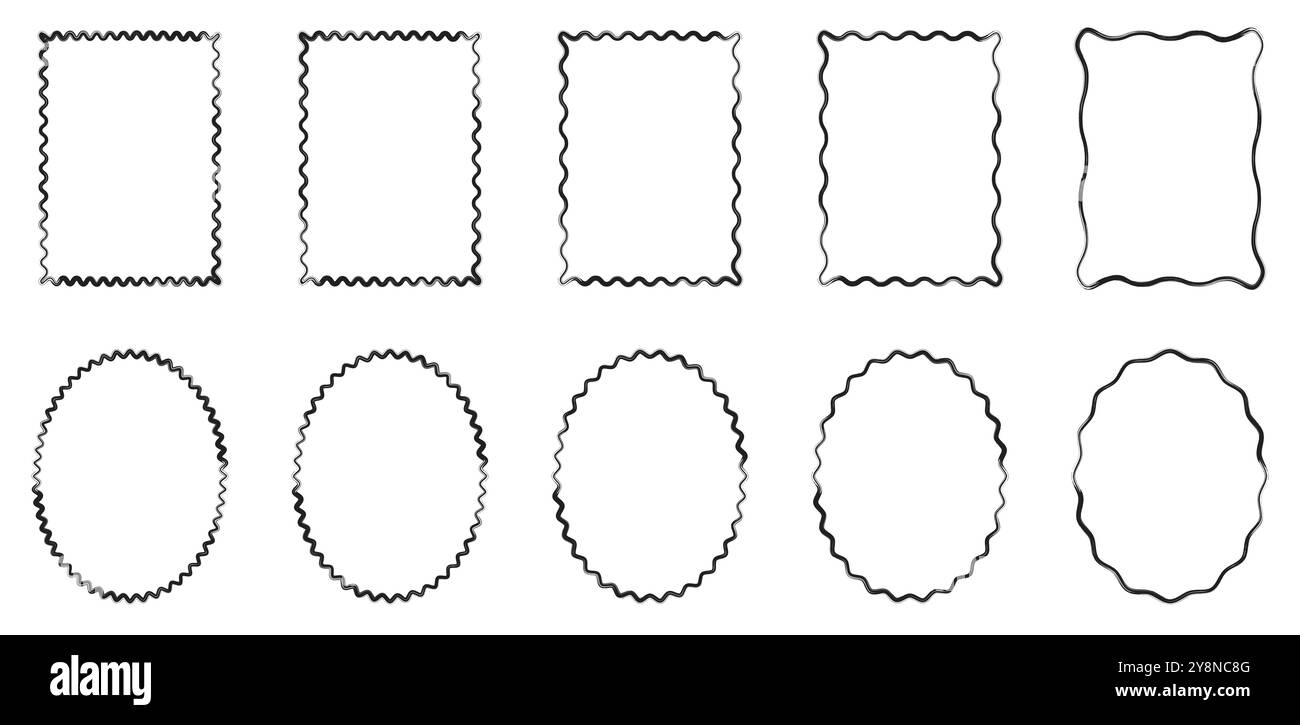 Set of rectangle and oval brush stroke frames with wavy edges on white background. Pop vintage ...