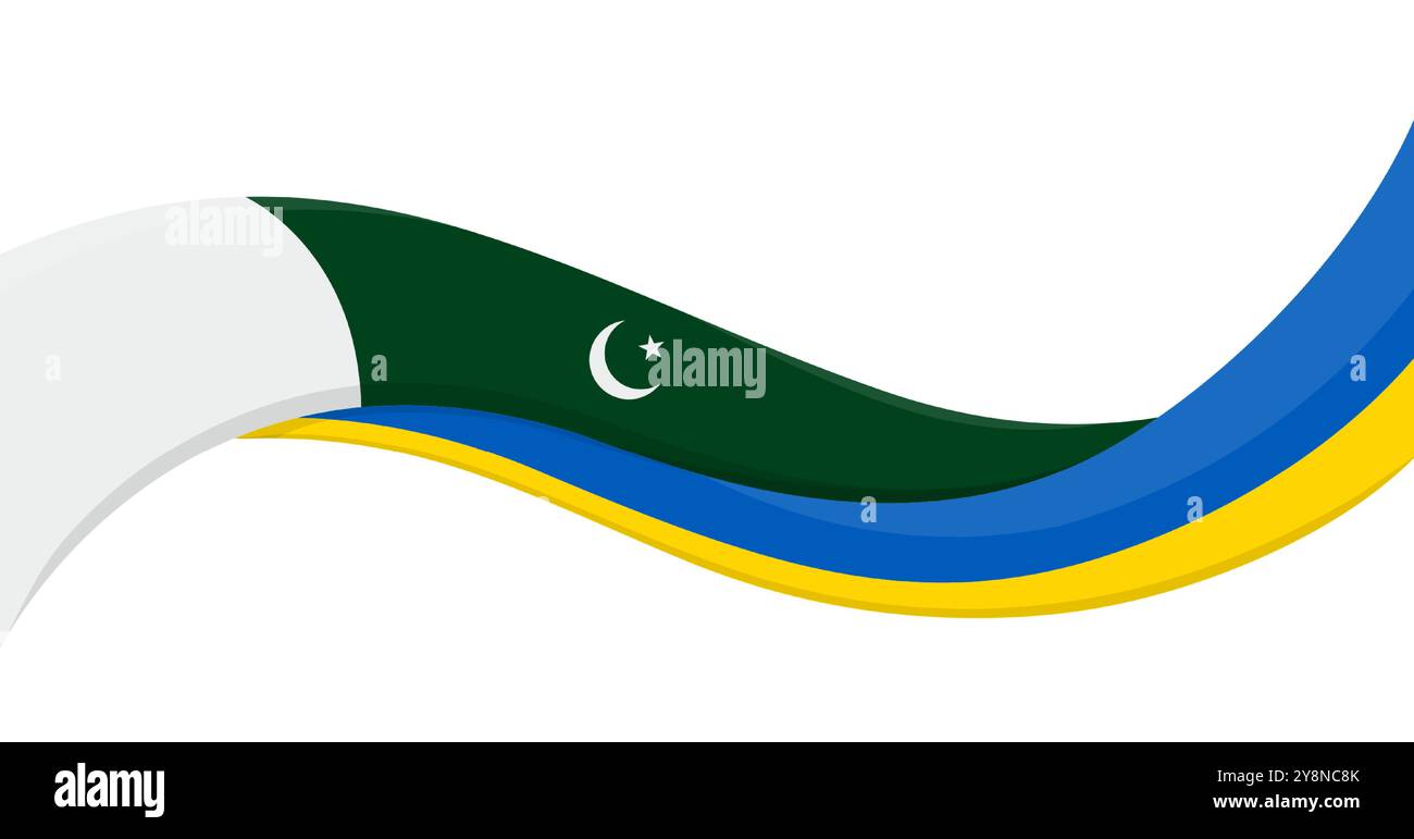 Wavy ribbon banner of Ukraine National flag with Pakistan National Flag ...