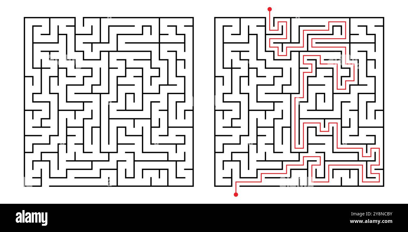Square maze puzzle with a solution path. Logic game featuring a start ...