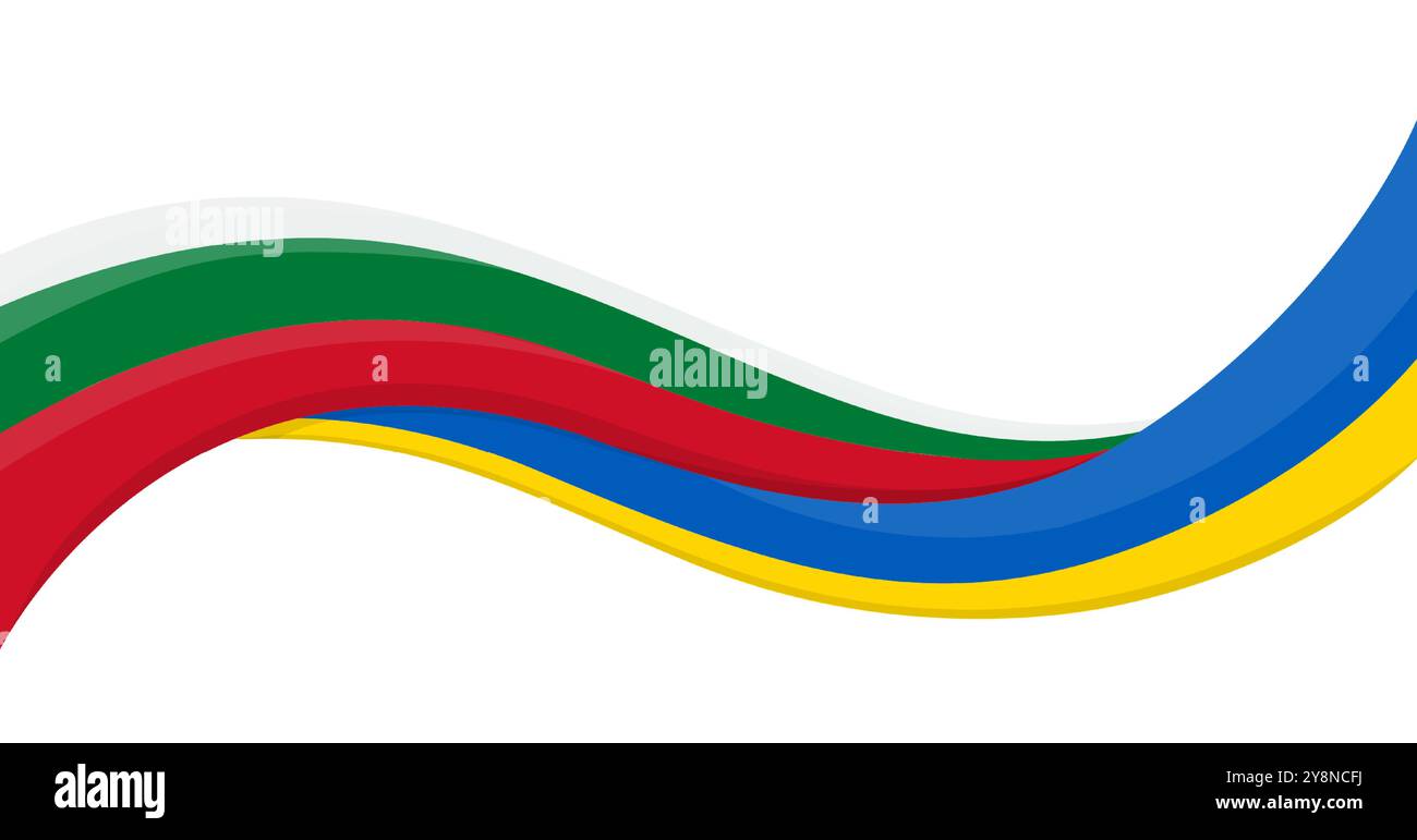 Wavy ribbon banner of Ukraine National flag with Bulgaria National Flag ...