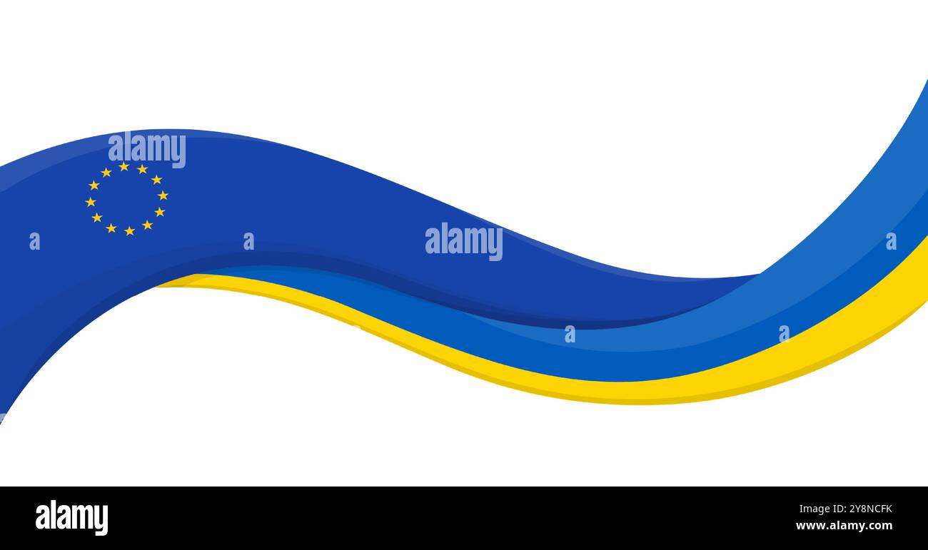 Wavy ribbon banner of Ukraine National flag with European Union Flag ...