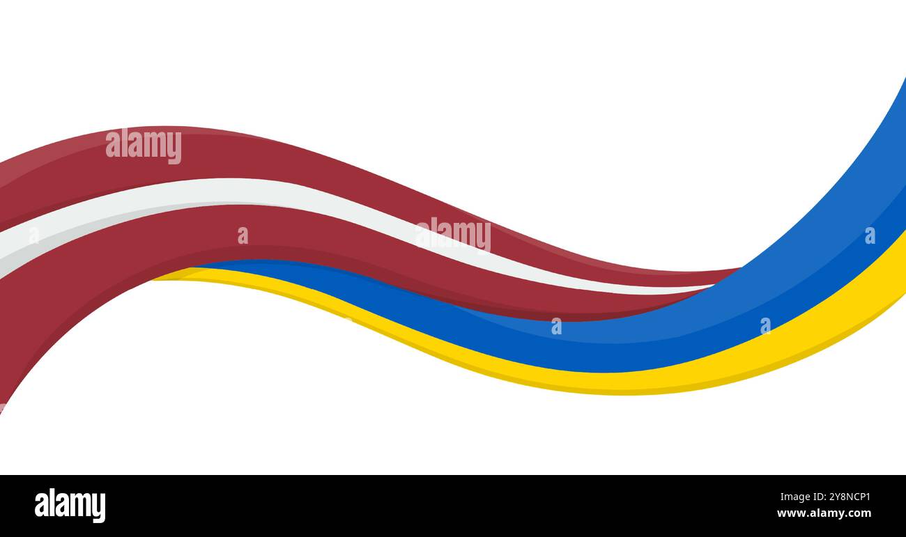 Wavy ribbon banner of Ukraine National flag with Latvia National Flag ...