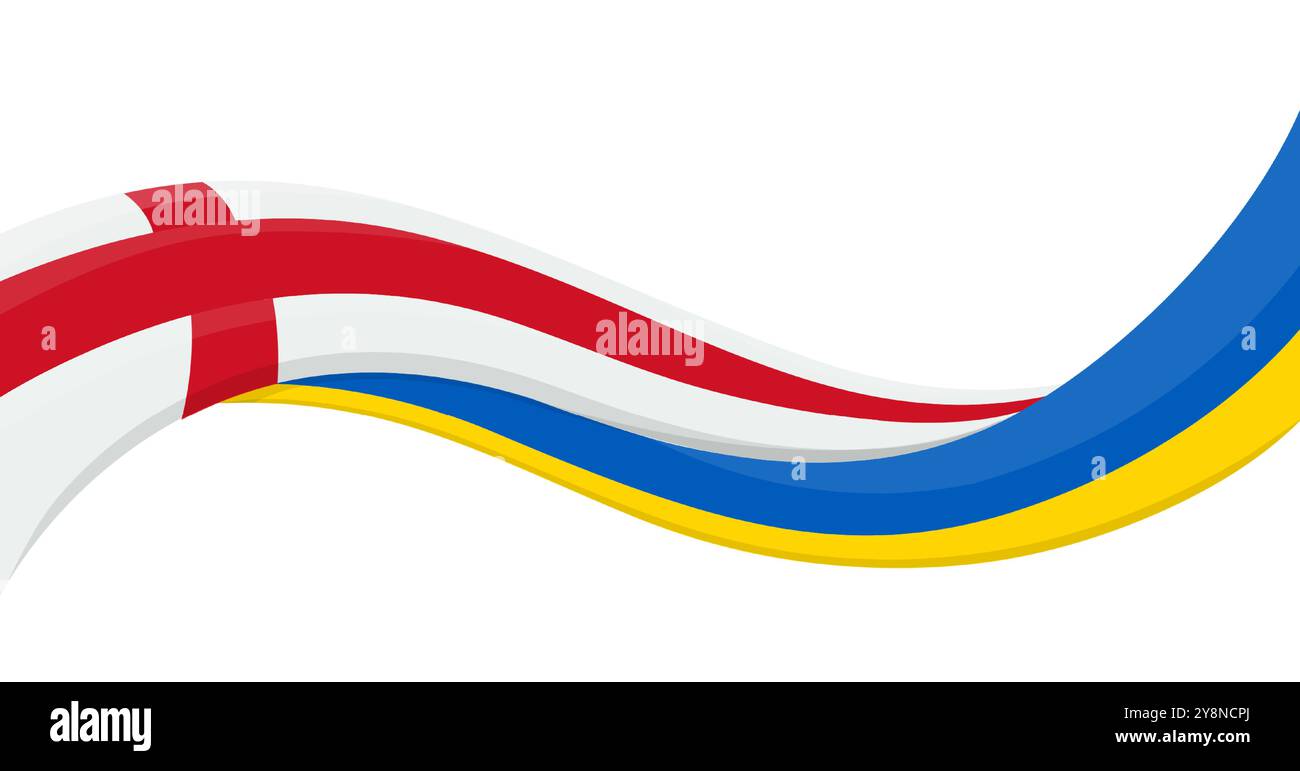 Wavy ribbon banner of Ukraine National flag with England National Flag ...