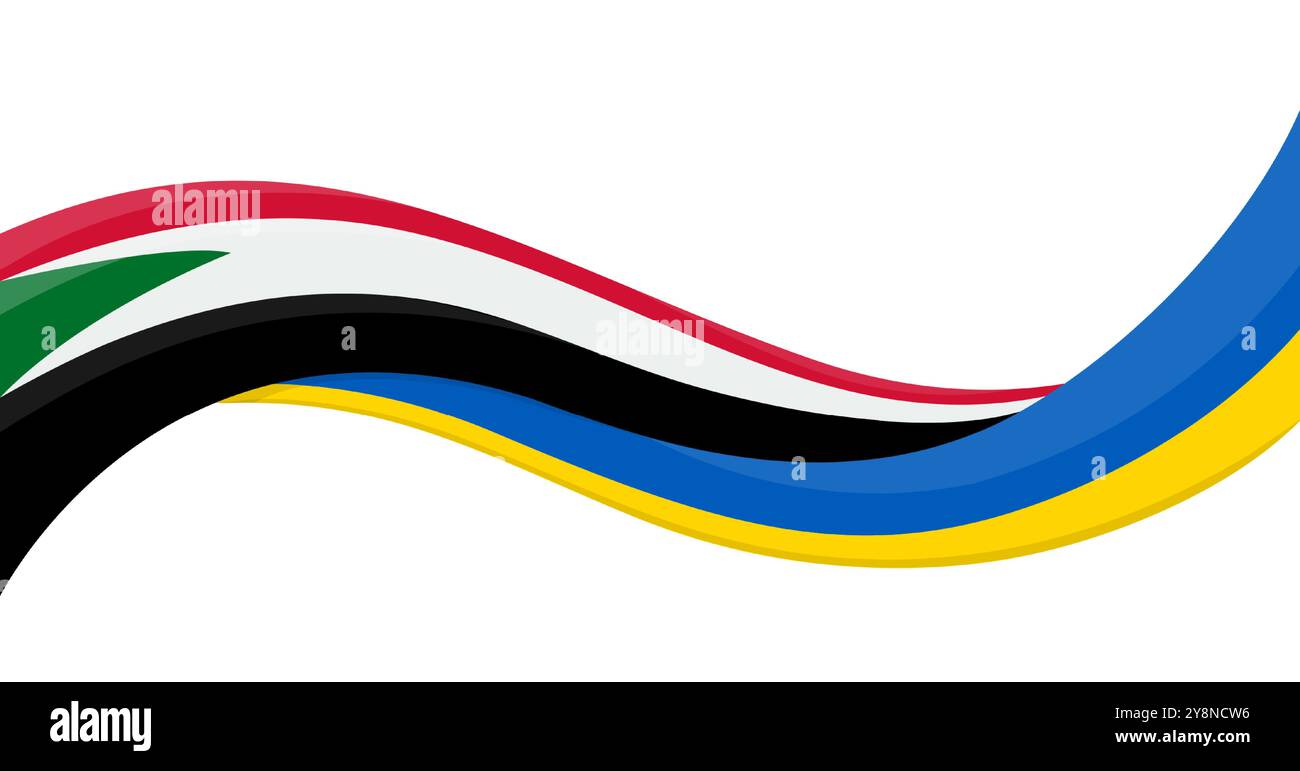 Wavy ribbon banner of Ukraine National flag with Sudan National Flag ...