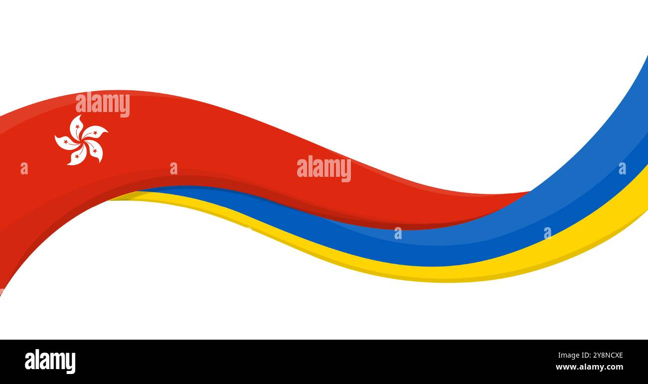 Wavy ribbon banner of Ukraine National flag with Hong Kong Flag. Unity ...