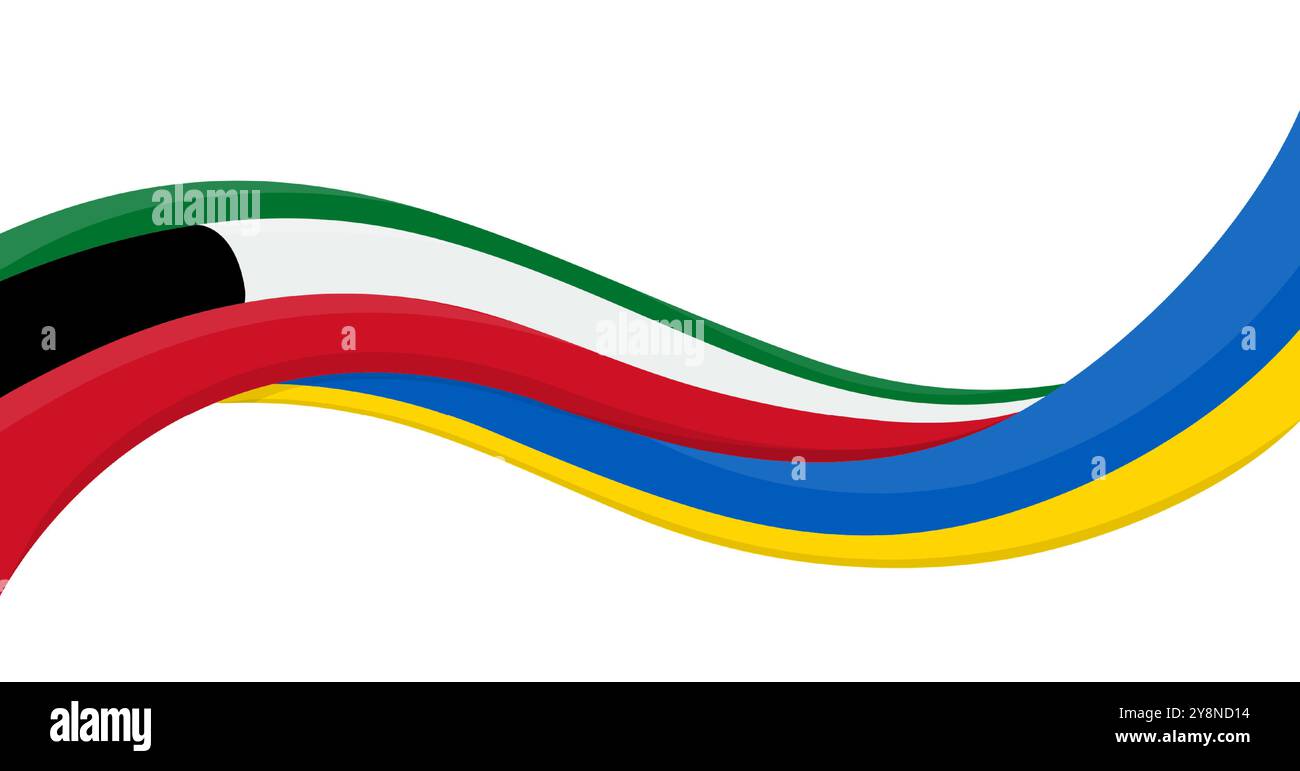 Wavy ribbon banner of Ukraine National flag with Kuwait National Flag ...