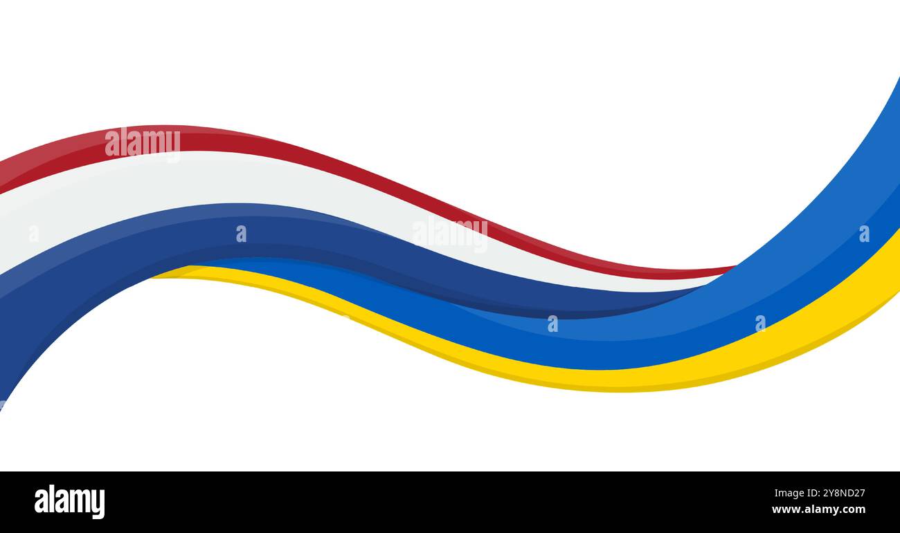 Wavy ribbon banner of Ukraine National flag with Netherland National ...
