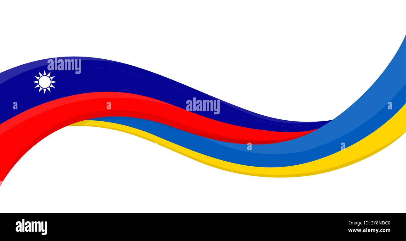 Wavy ribbon banner of Ukraine National flag with Taiwan National Flag ...