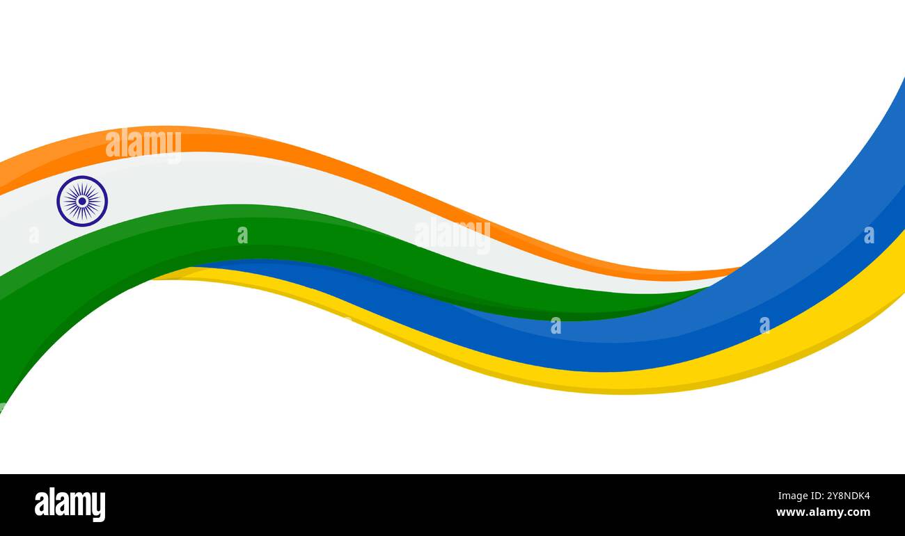 Wavy ribbon banner of Ukraine National flag with India National Flag ...