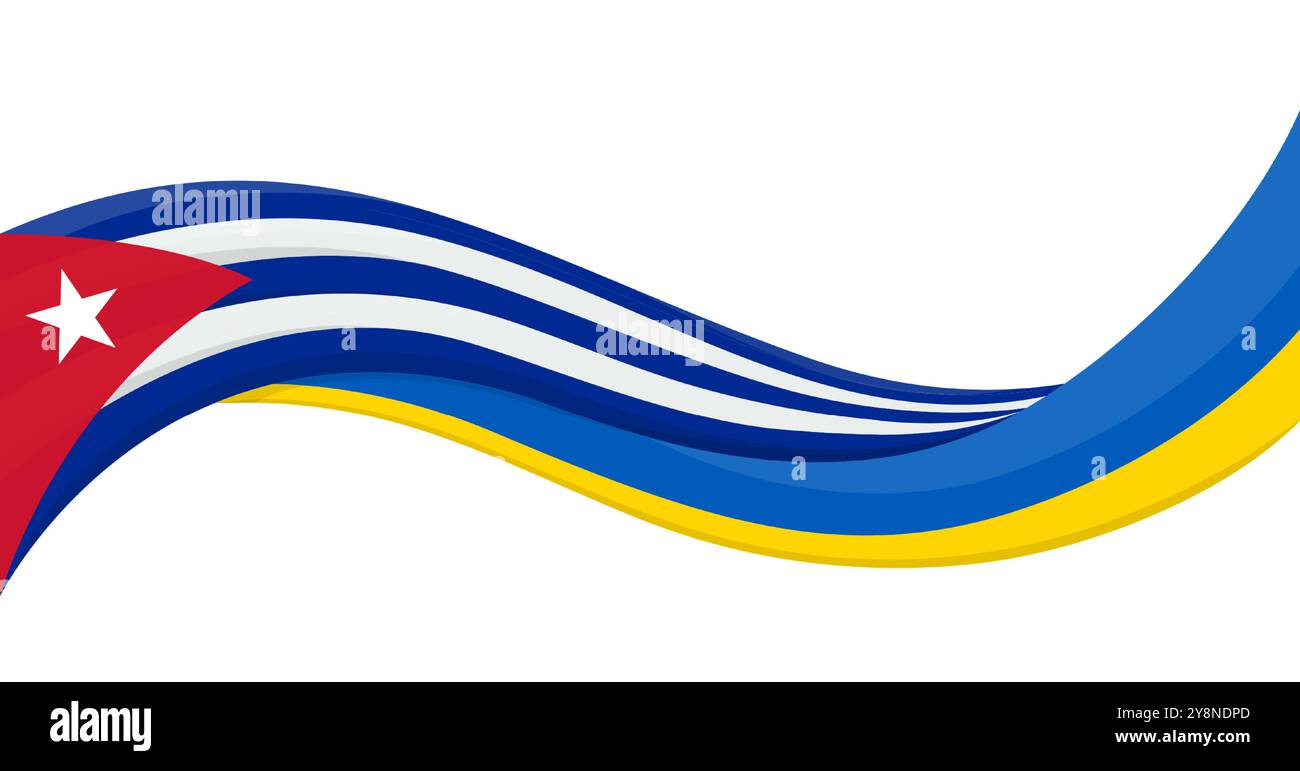 Wavy ribbon banner of Ukraine National flag with Cuba National Flag ...