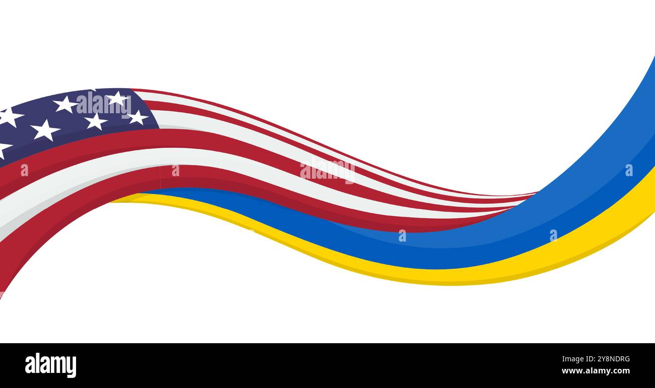 Wavy ribbon banner of Ukraine National flag with USA National Flag ...