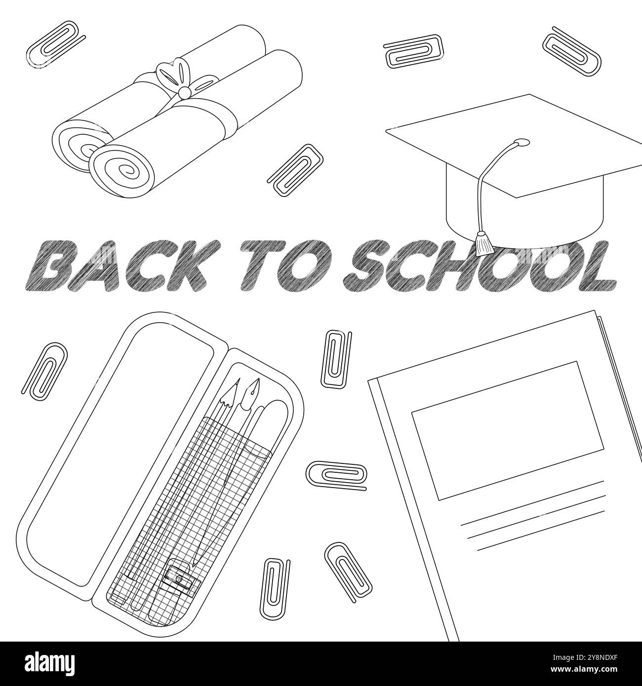Black and white outline illustration of school supplies for a back-to ...