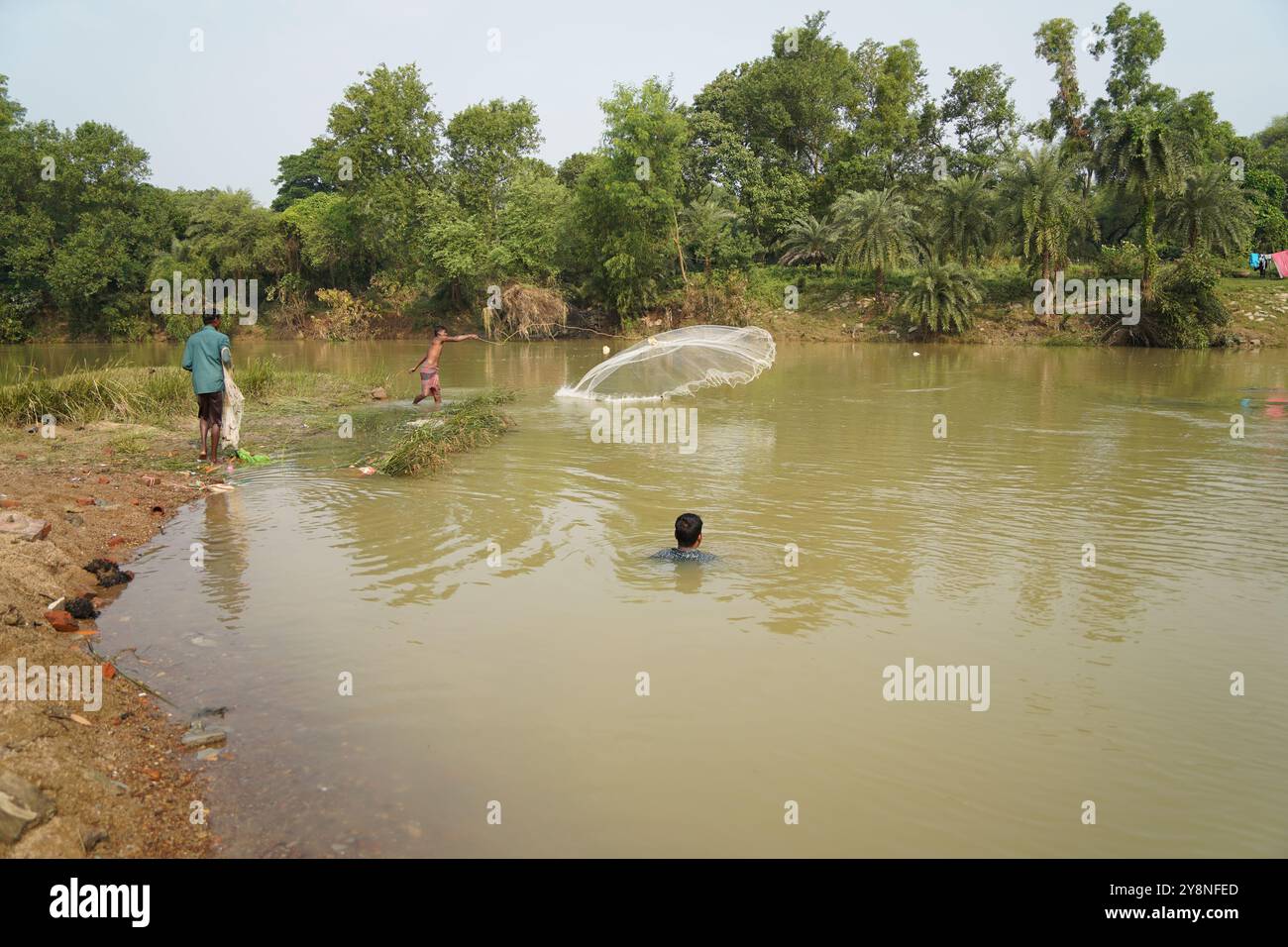 A fisherman casting a net into the Kopai River for fishing ...