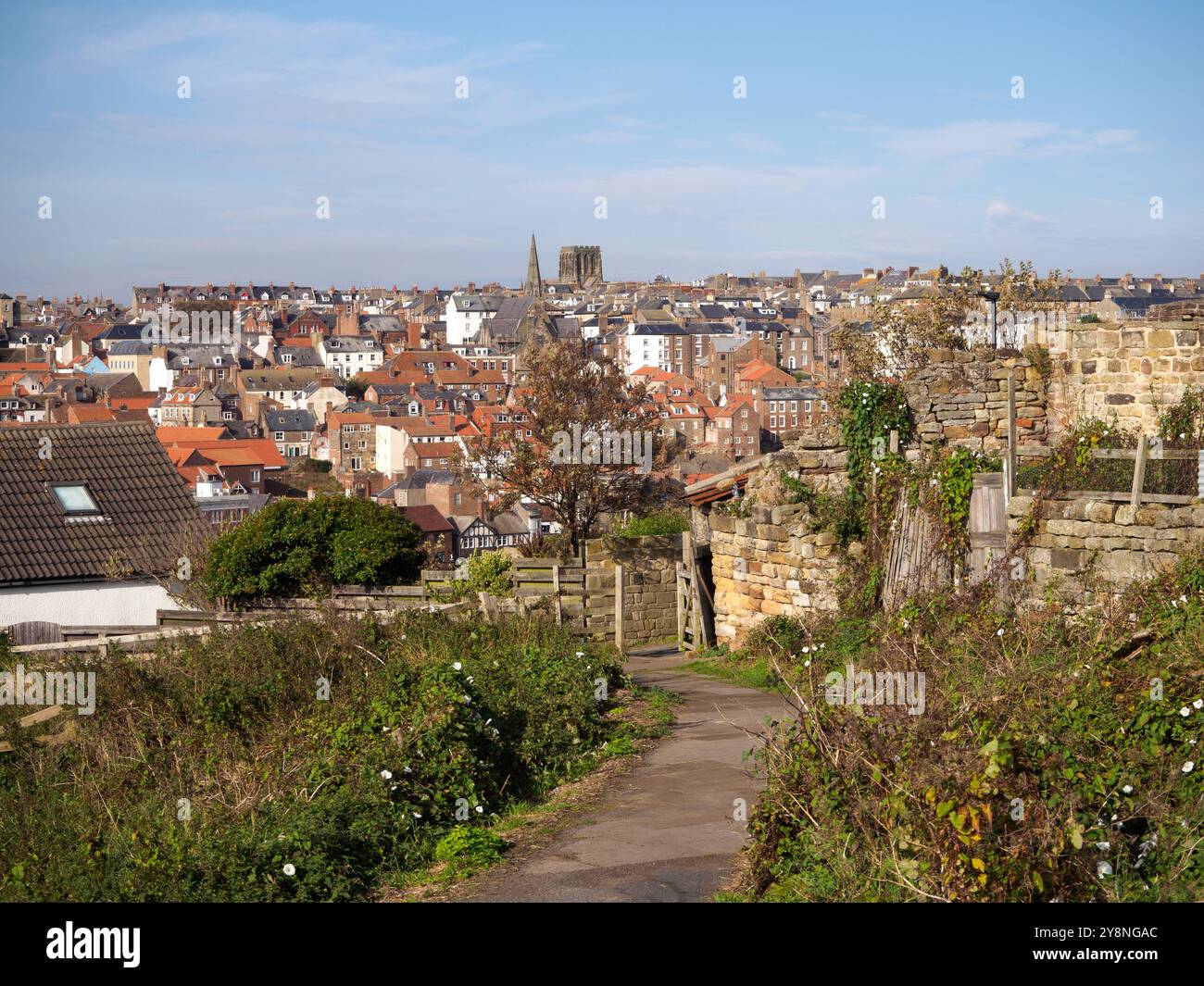 View of Whitby from Caedmons Trod a footpath down from the Abbey Stock ...