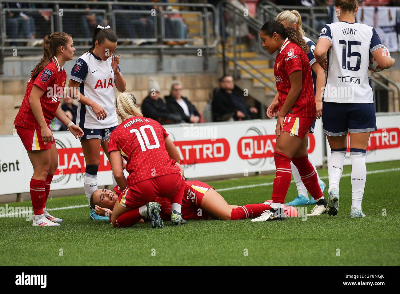 London, UK. 06th Oct, 2024. Sofie Lundgaard of Liverpool Women goes down with a painful looking ...