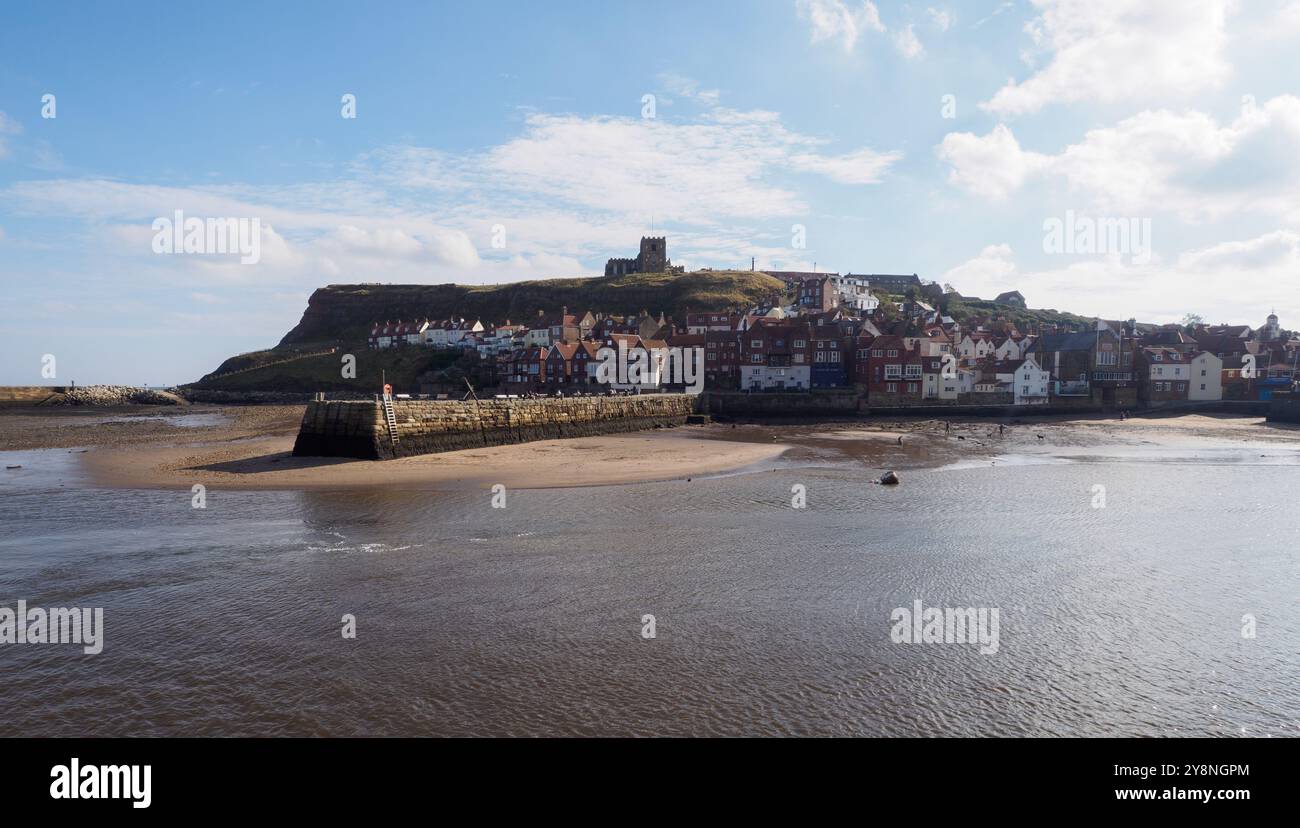 Whitby Old Town and St Mary's Church and Tate Hill Pier Stock Photo - Alamy