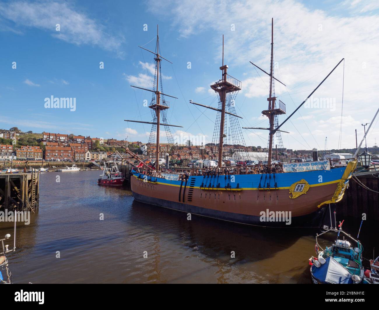 Full size replica of HM Endeavour moored at Whitby Stock Photo - Alamy
