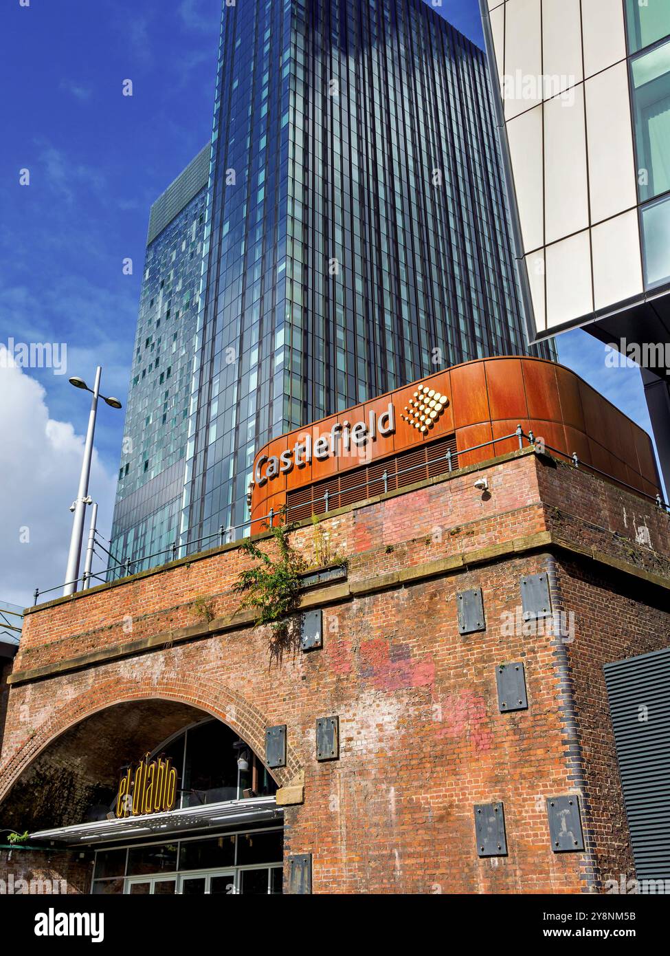 Manchester, UK. September, 28, 2024: Castlefield building under a clear ...
