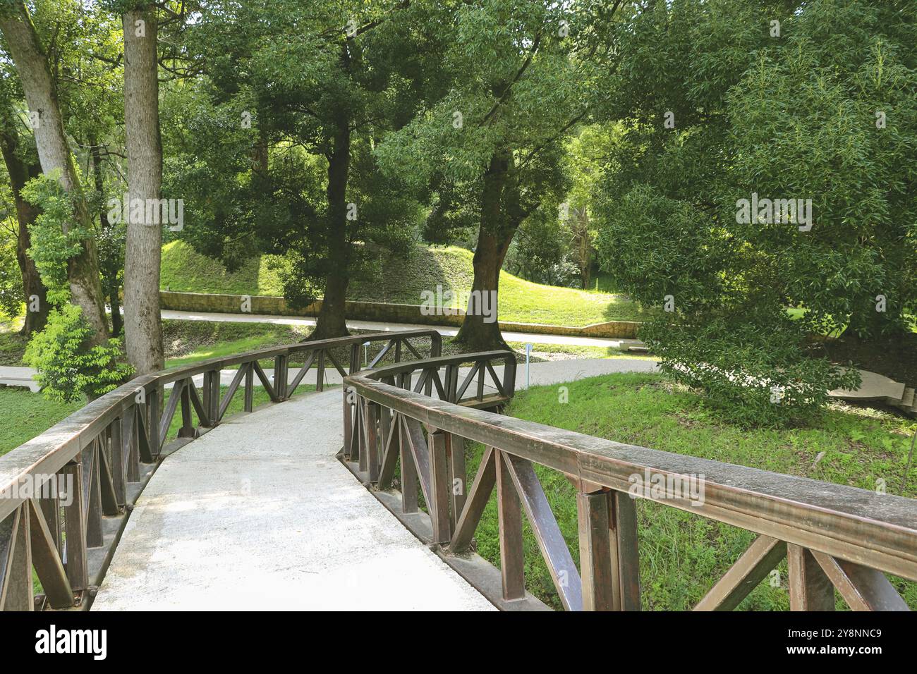 bridge with wooden railings in the park. Bridge among trees in the park ...