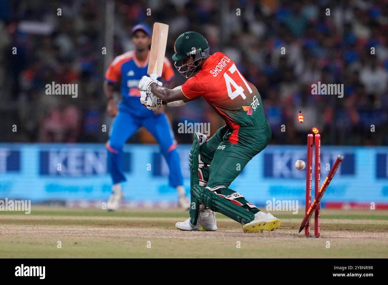 Bangladesh's Shoriful Islam is bowled out by India's Hardik Pandya ...